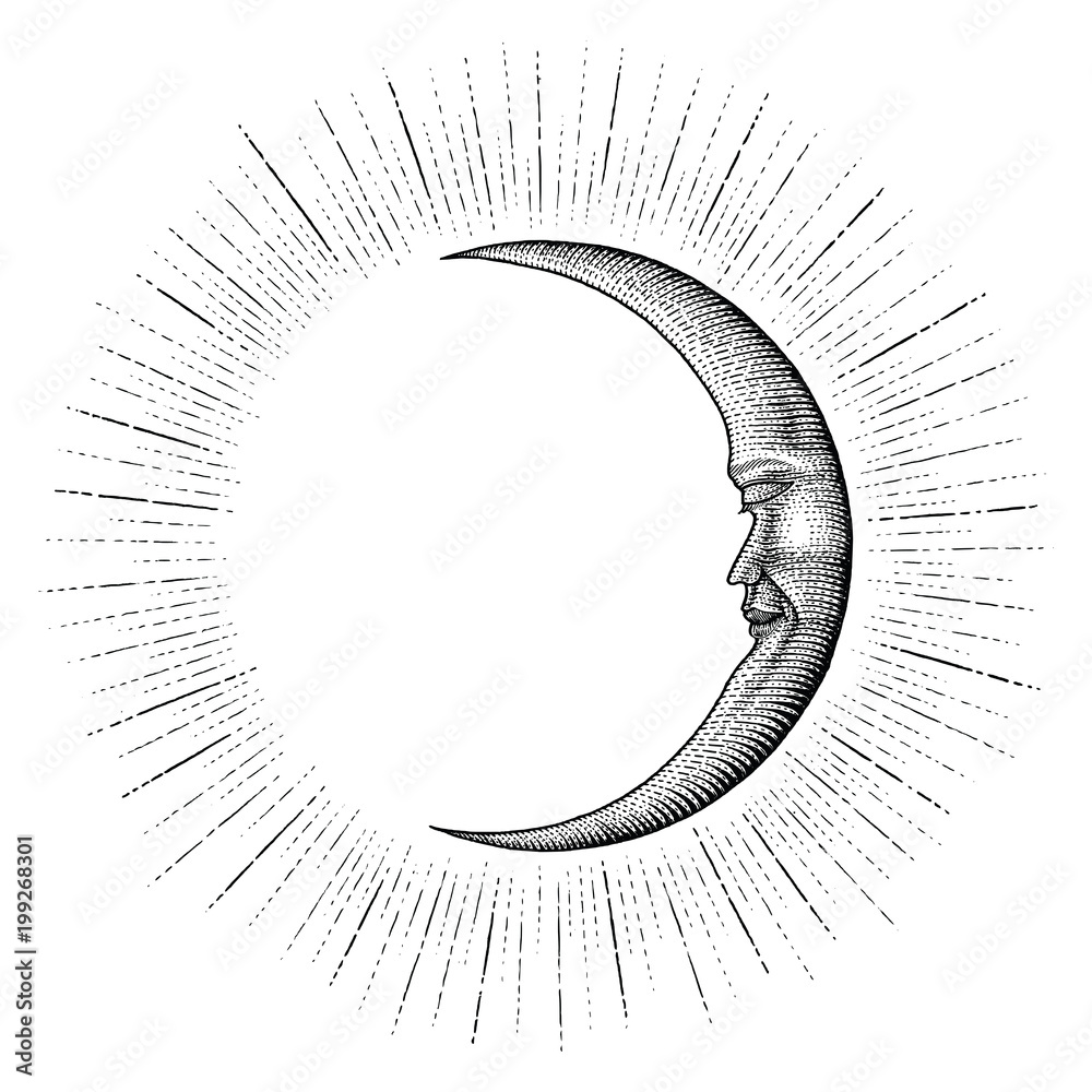 Face in Moon hand drawing vintage engraving money line detail style for ...