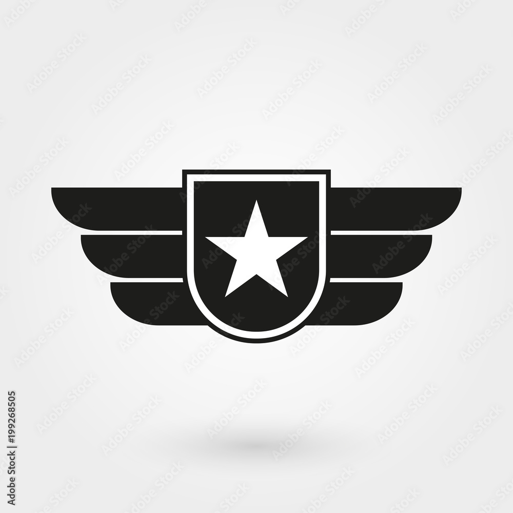 Wings with shield icon. Military and army badge. Pilot logo. Vector ...