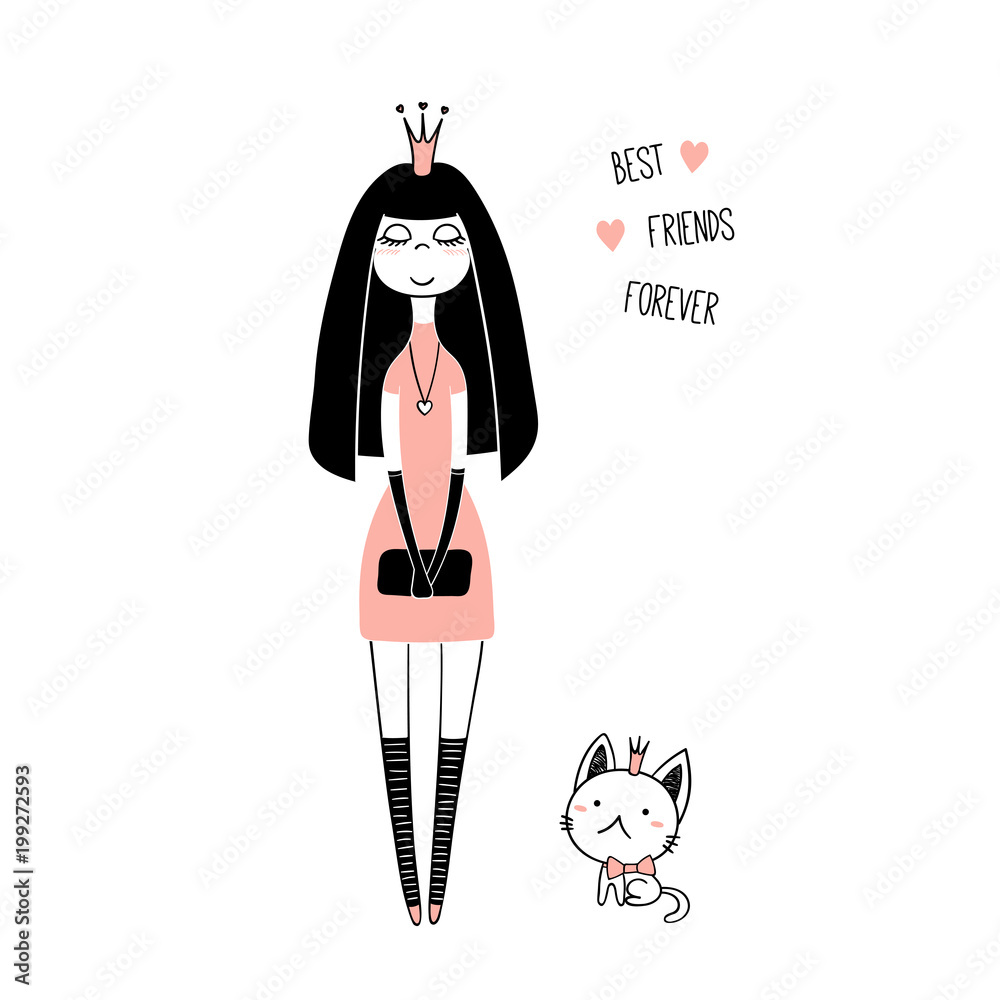 Hand drawn vector illustration of a cute little princess in a pink ...