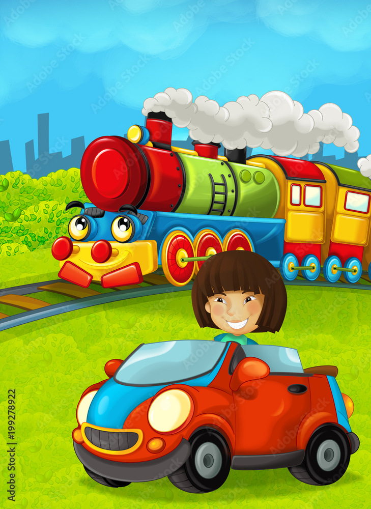 Cartoon train scene with happy kid / girl - illustration for the ...