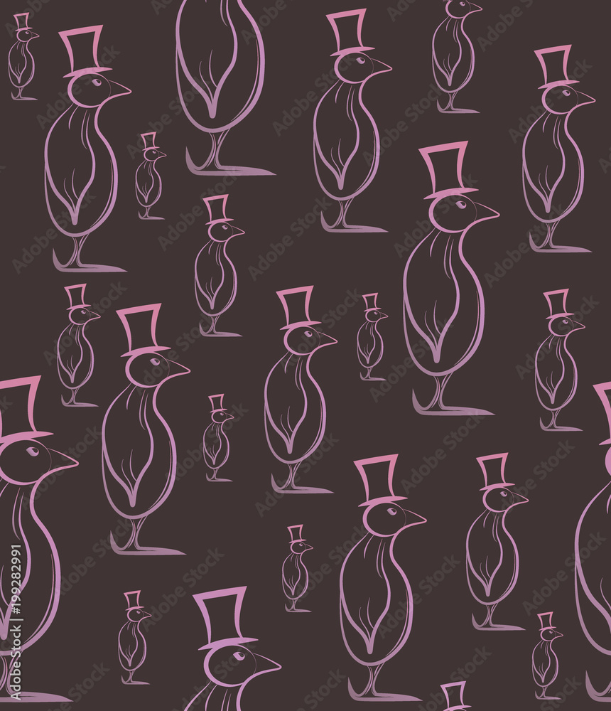 Seamless pattern on a dark background. Pink penguin in a hat-cylinder ...