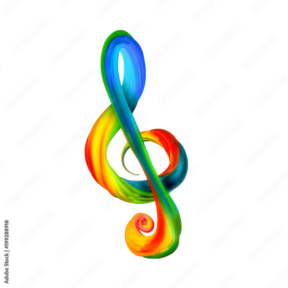 Colorful treble clef in the form of twisted paint on a white background ...