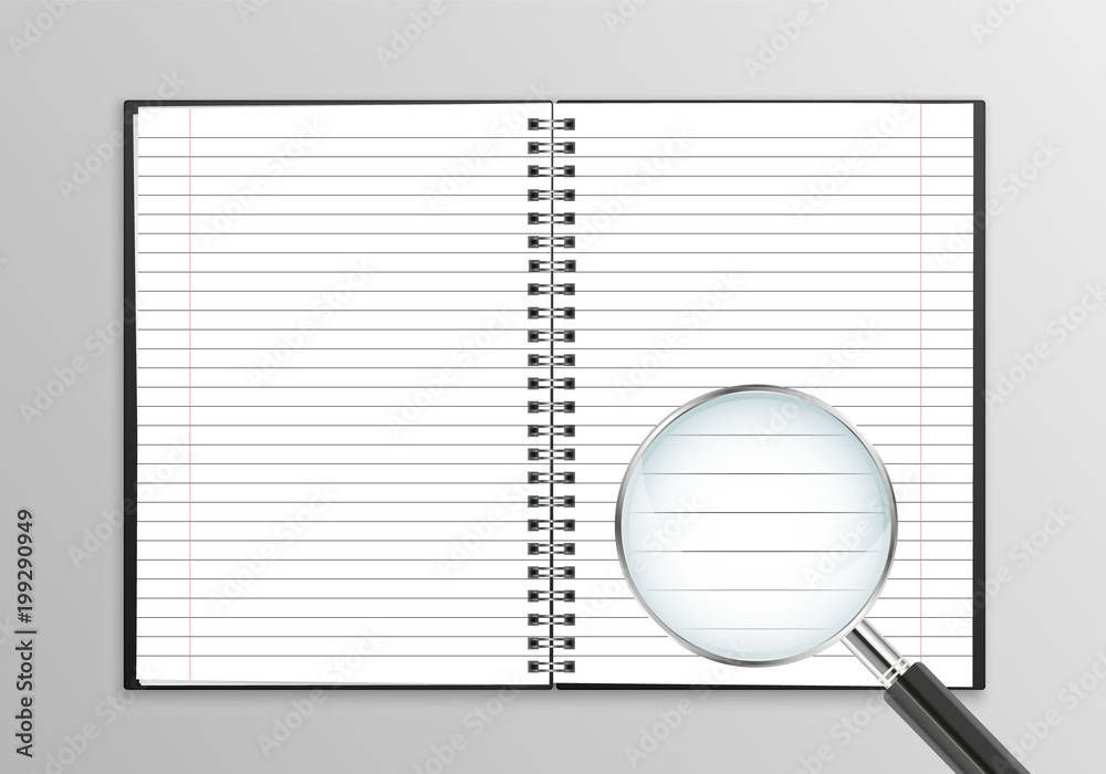 Vector realistic open notebook with magnifying glass isolated on grey ...
