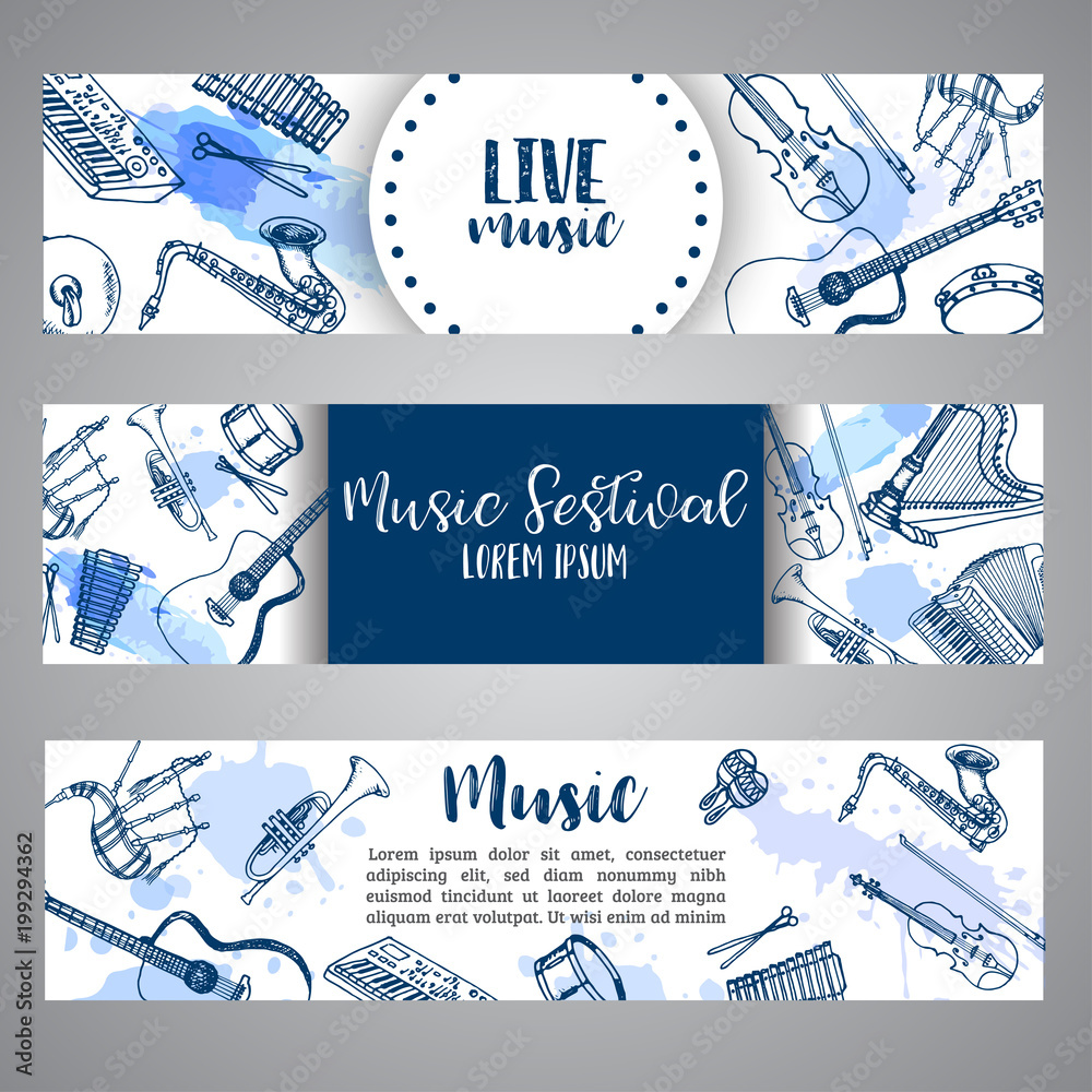 Music Instruments, Music festival brochure flyer design. Hand drawn ...