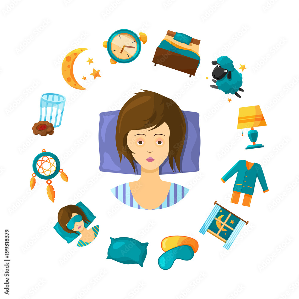 Vector sleeping disorder concept illustration with cartoon sleep ...