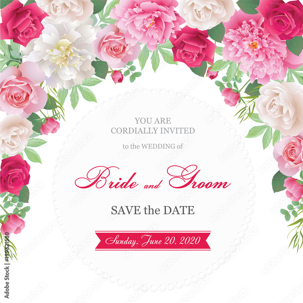 Wedding invitation cards with roses and peonies.Beautiful white and red ...