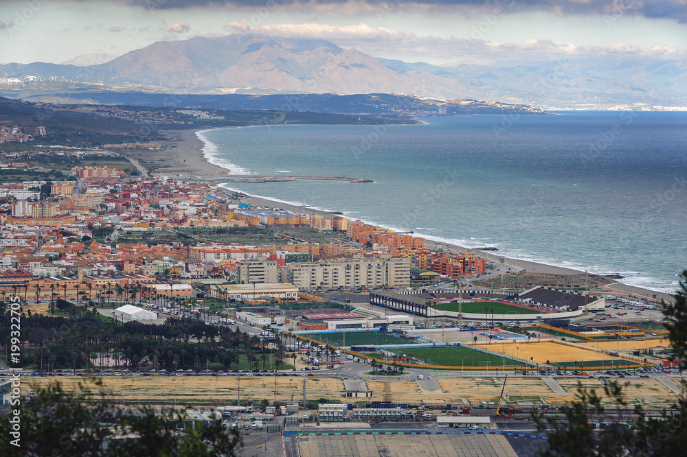 Aerial view on coastline of La Linea town. View from the rock of ...