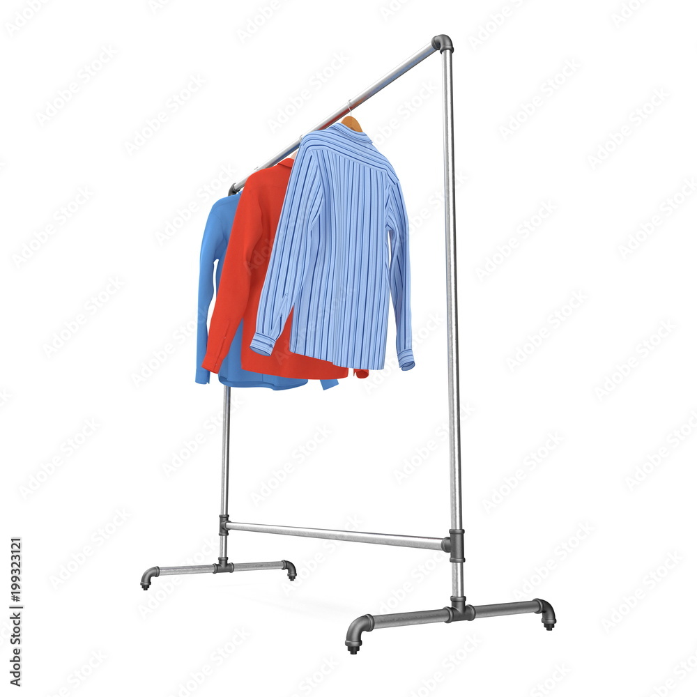Metall Clothing Display Rack with Shirts on white. 3D illustration ...
