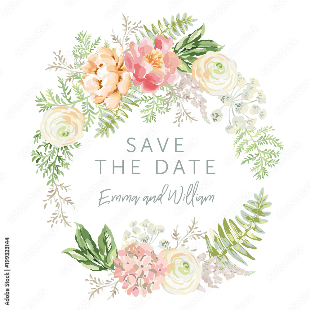Wedding wreath Save the date. Pink flowers and green leaves. Watercolor ...
