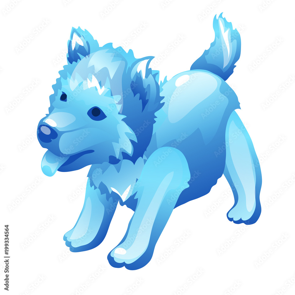 Stylized dog cub figure made of ice, cartoon, isolated. Blue image of ...