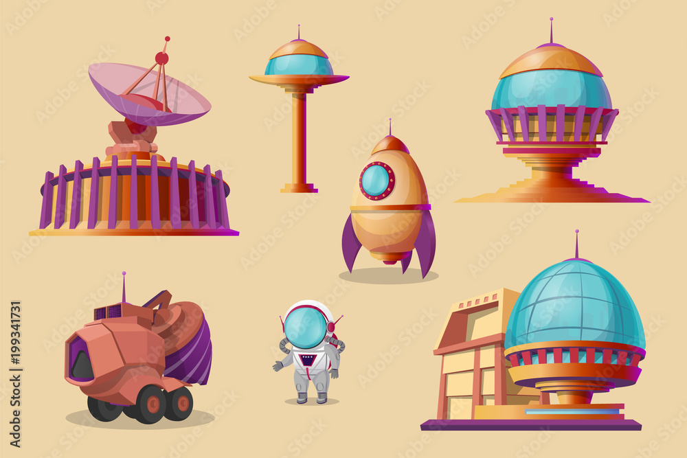 Plakat Vector mars colonization cartoon set. Spaceship, shuttle, rocket, mars rover - bulldozer ...