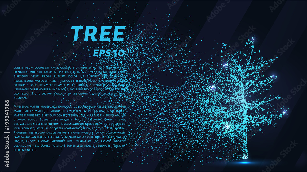 The tree of particles. Tree wind tears of small circles and dots ...