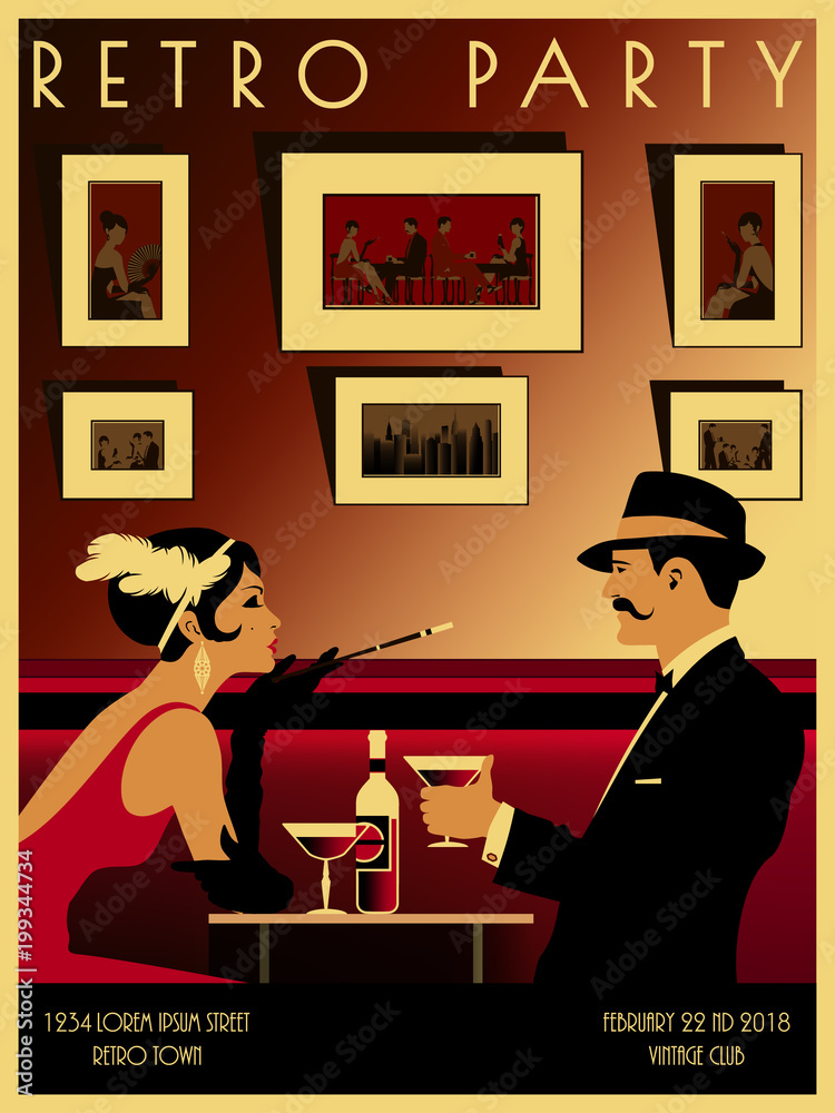 Couple in a restaurant in the style of the early 20th century. Retro ...