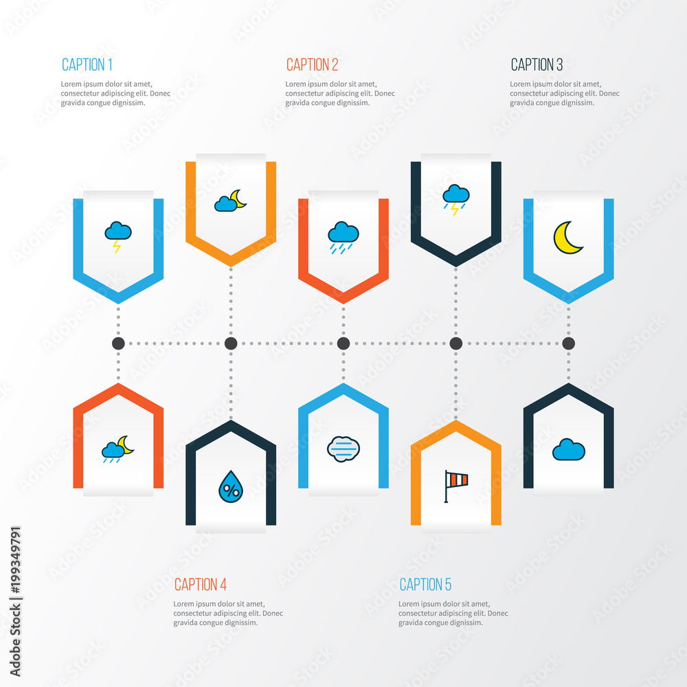 Air icons colored line set with wind vane, thunderstroke, percent and ...