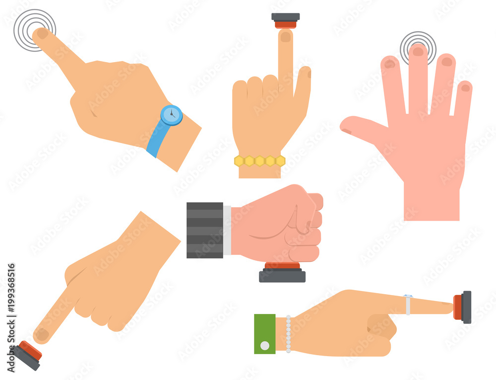 Hand press red button vector finger control start up arm push pointer ...