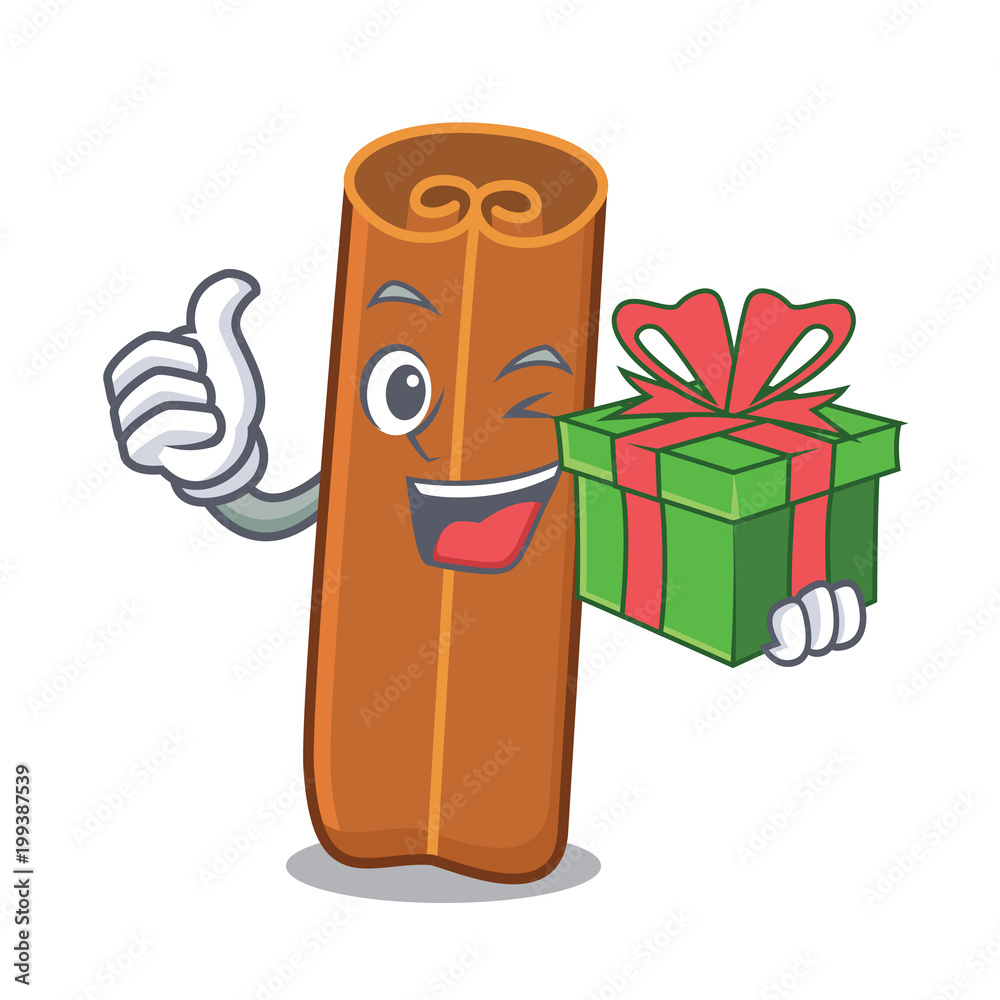 With gift cinnamon mascot cartoon style Stock Vector | Adobe Stock