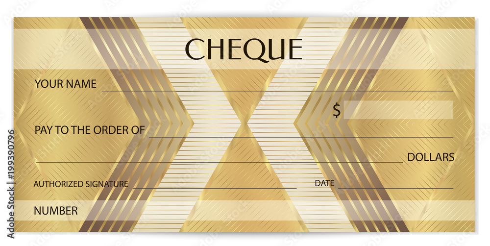 Check (cheque), Golden Chequebook template. Abstract pattern with ...
