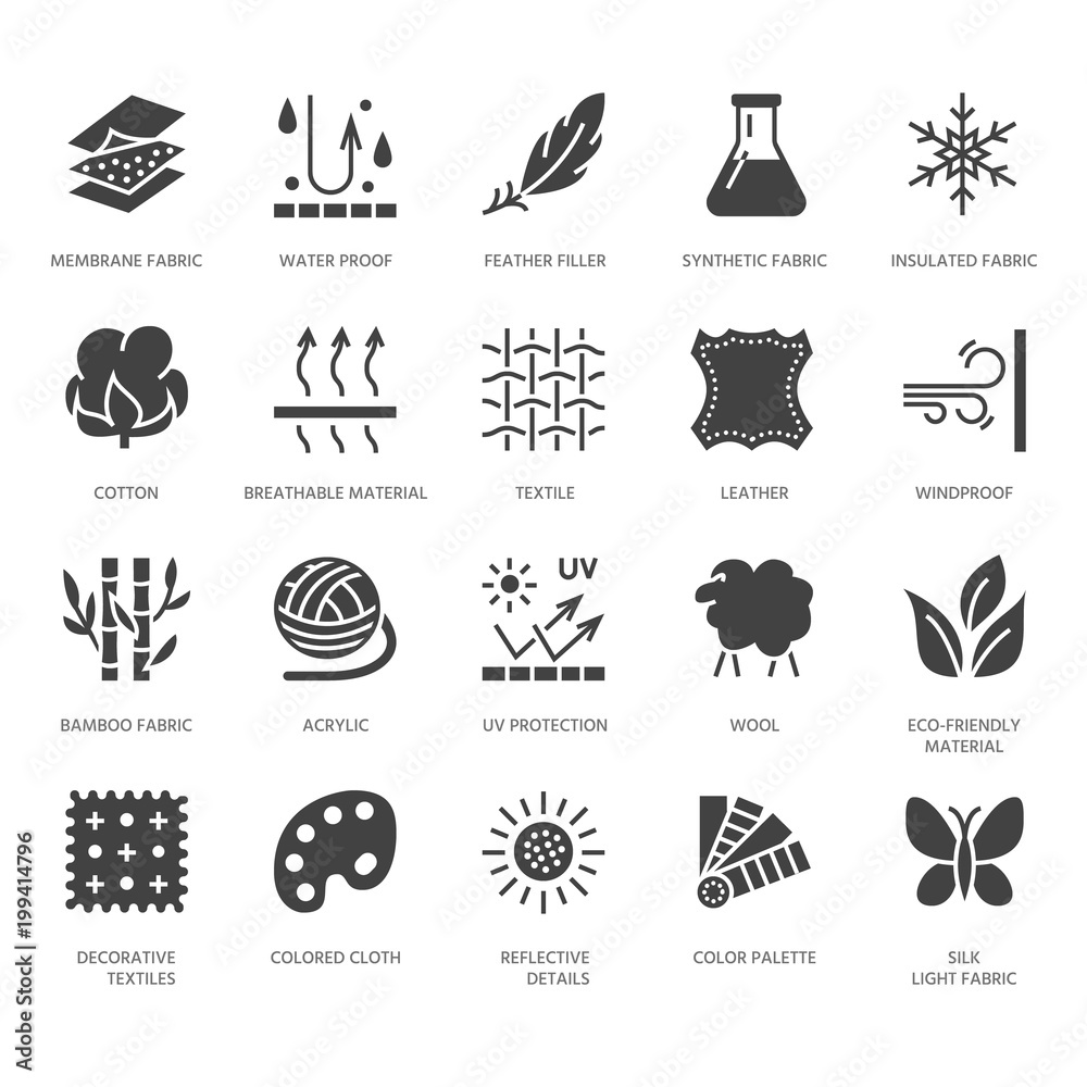 Fabric feature, clothes material vector flat glyph icons. Garment ...