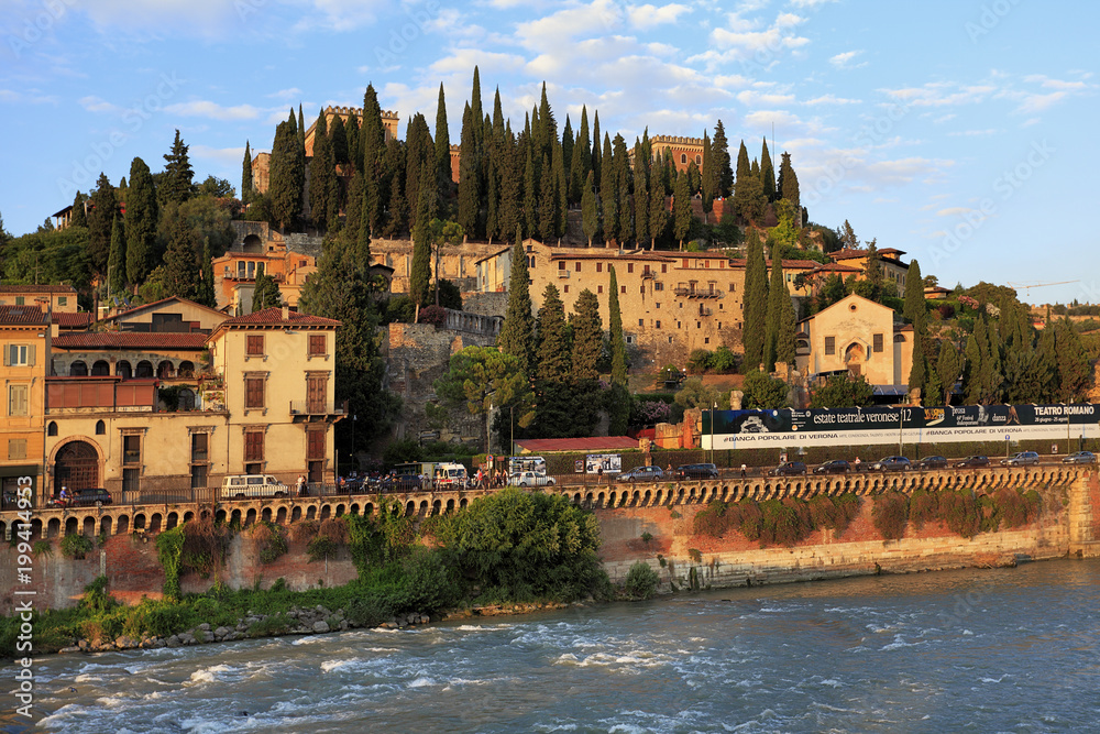 Verona, Italy - historic city center - St. Peter hill and Castel with ...