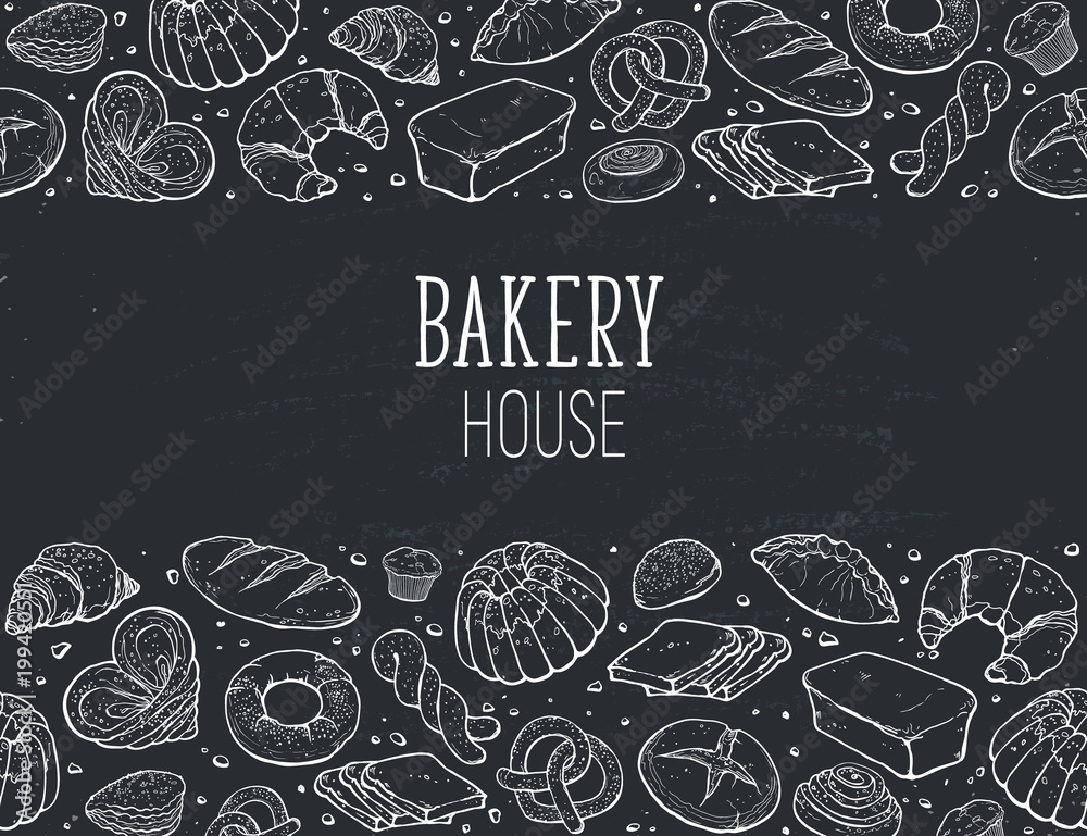 Bakery House. Horizontal border composition from hand drawn bread in ...