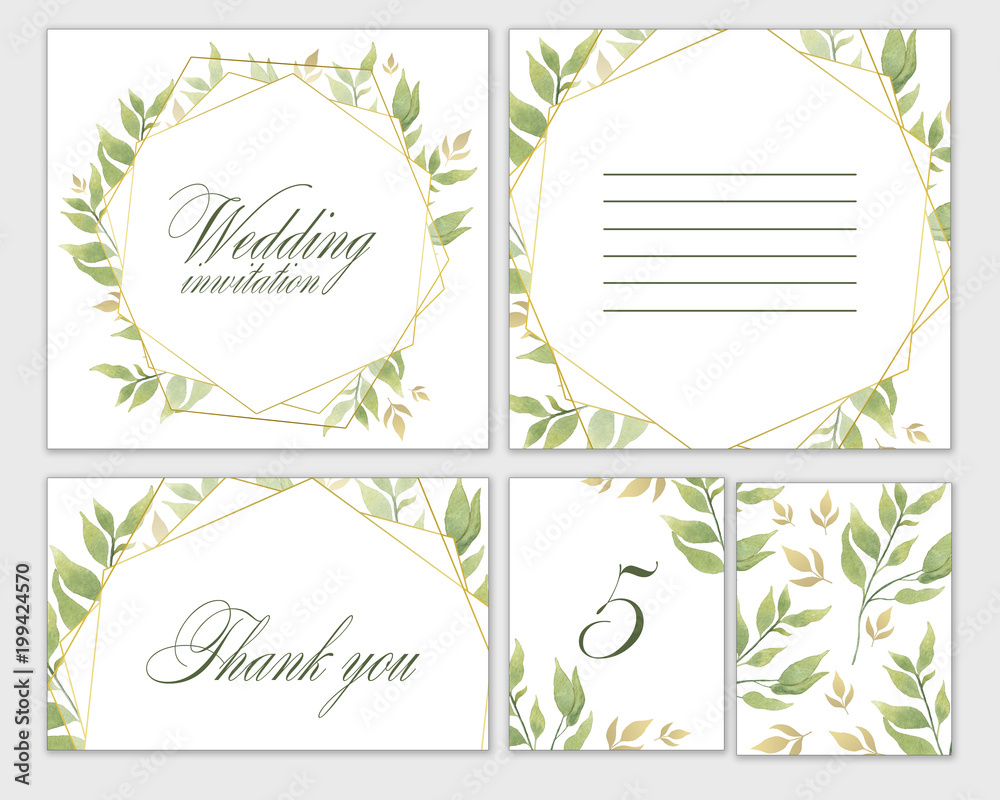 Wedding invitation frame set flowers, leaves, watercolor, isolated on ...