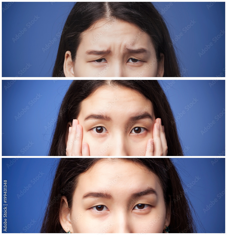 Set of photos of asian girl eyes and eyebrows with different emotions ...