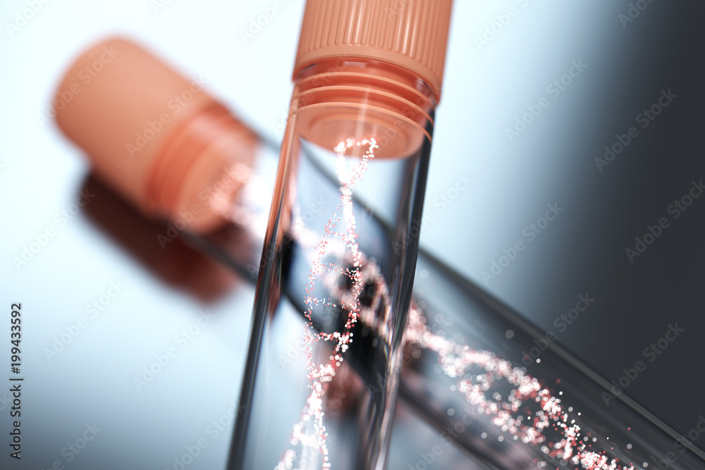 Molecule of DNA forming inside the test tube equipment.3d rendering ...