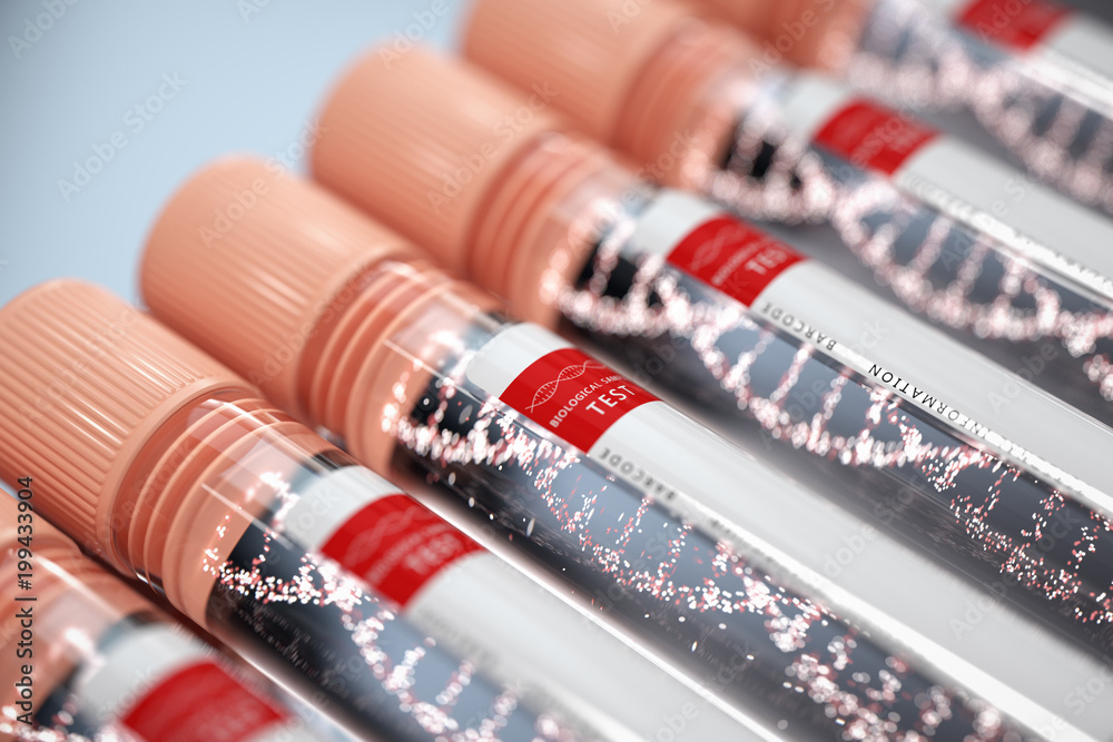 Molecule of DNA forming inside the test tube equipment.3d rendering ...