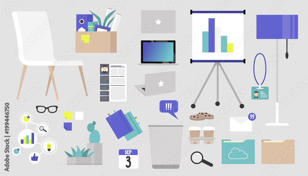 Office supply sticker pack. Office furniture, electronics and ...