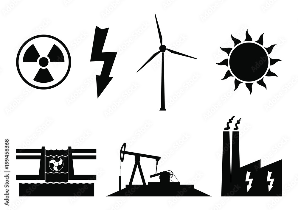 Electricity production symbols. Energy icons of nuclear, wind turbine ...