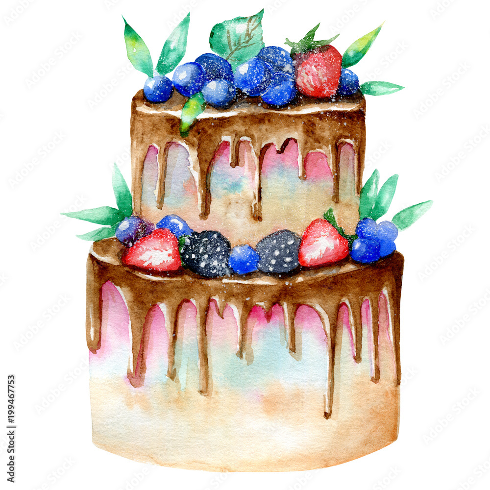 Sweet celebration cake with chocolate, fruits and decorative leaves ...