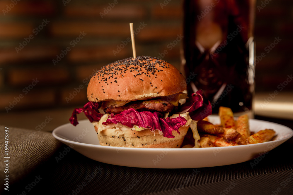 Tasty burger and glass of coke Stock Photo | Adobe Stock