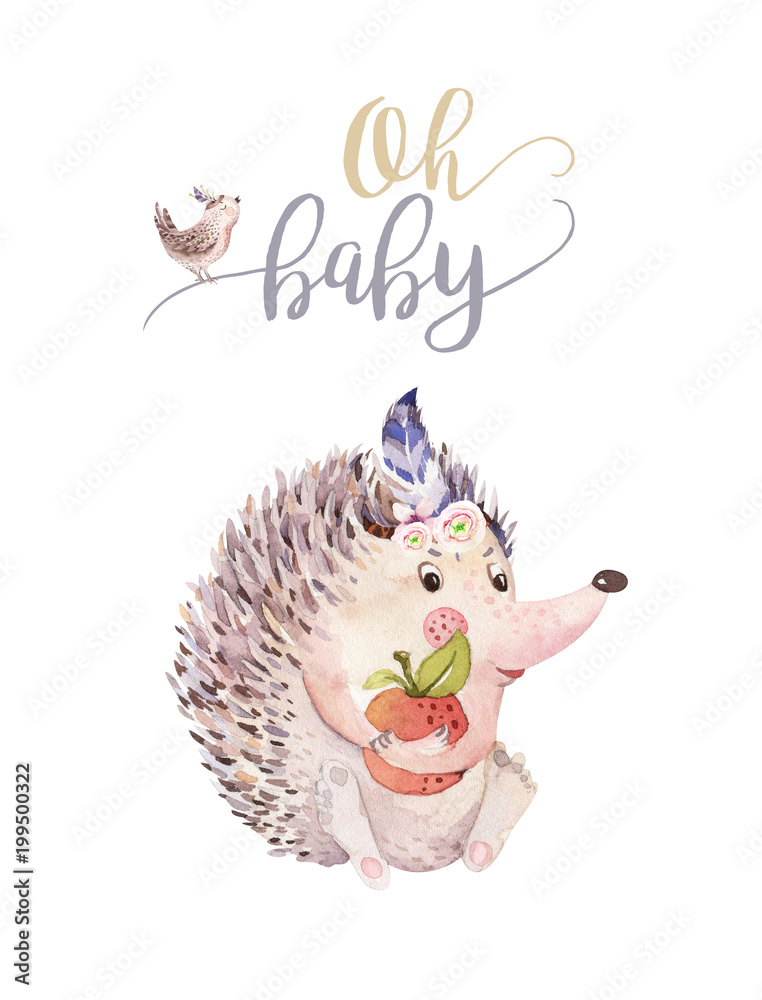 Cute watercolor bohemian baby hedgehog animal poster for nursary with ...