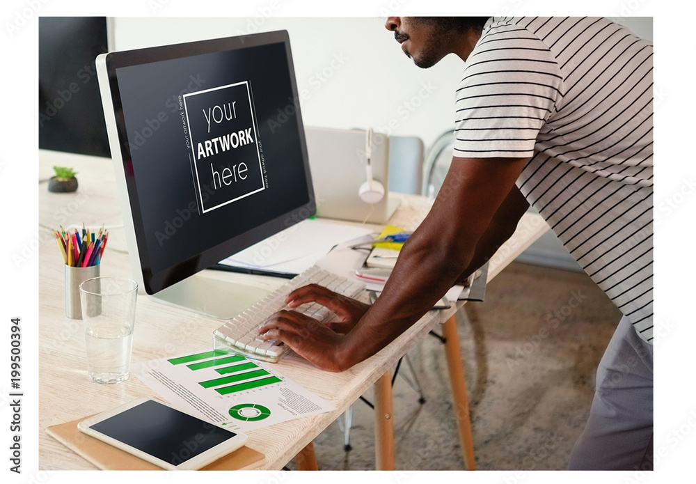 Man Working at Desktop Computer Mockup Stock Template | Adobe Stock
