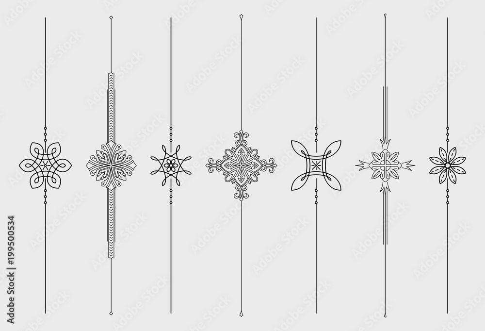 Set of 7 vertical vector mono line style text dividers, decorative ...