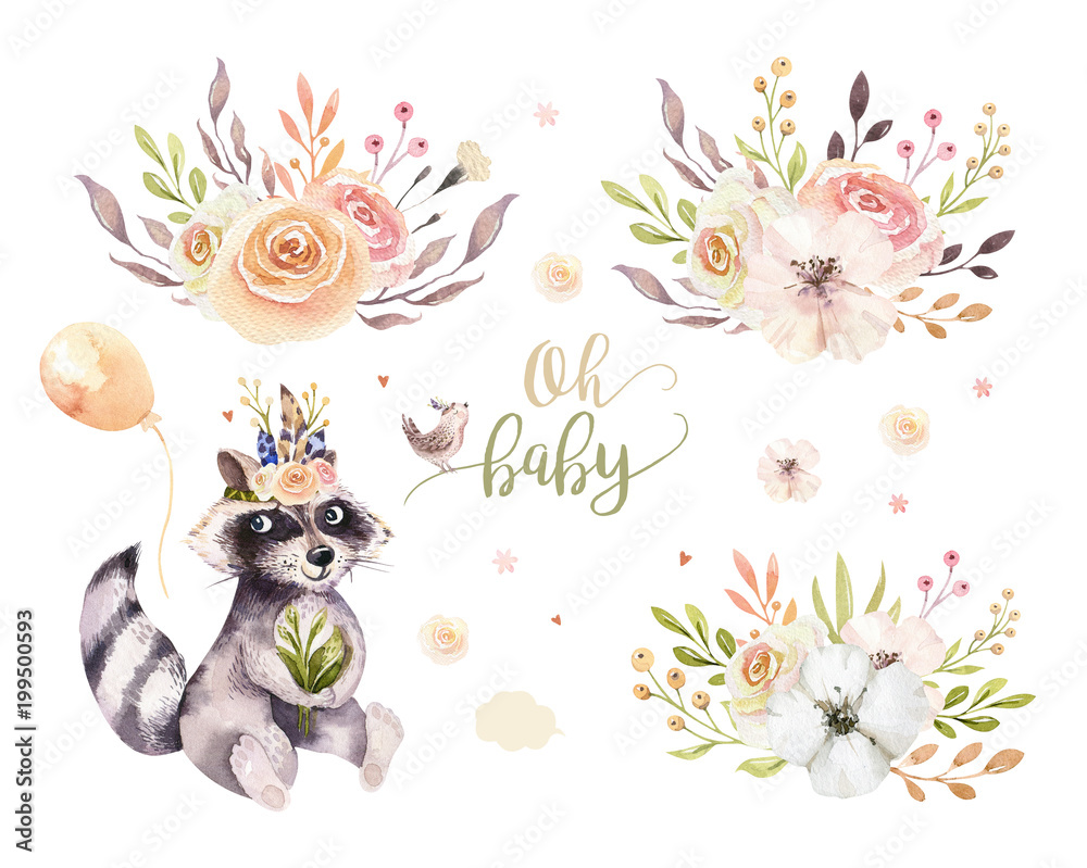 Cute watercolor bohemian baby raccoon animal poster for nursary with ...