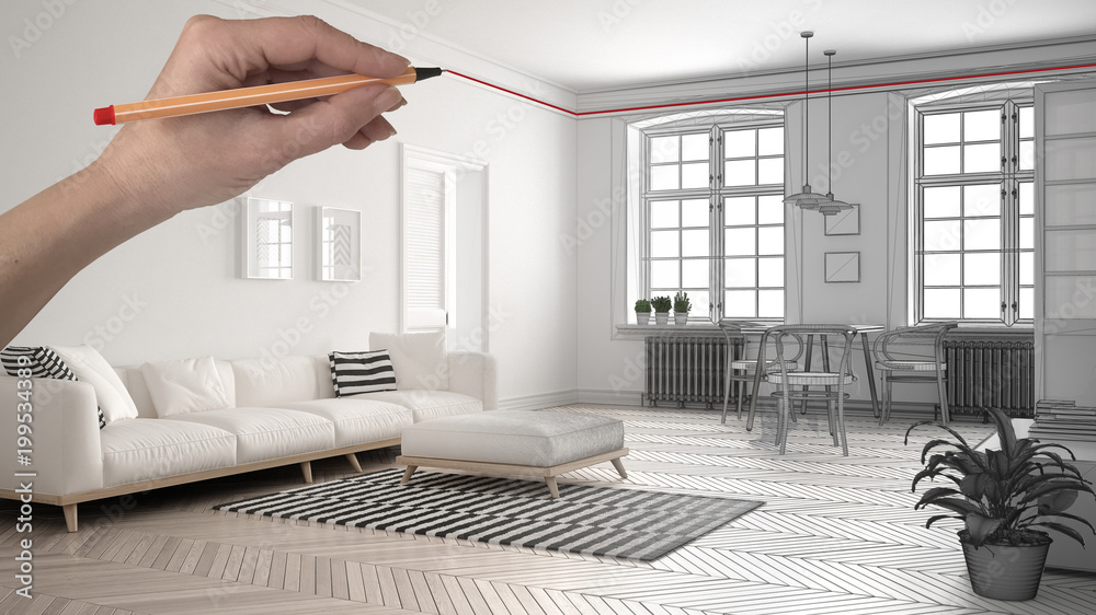 Hand drawing custom modern minimalist white and wooden living room with ...