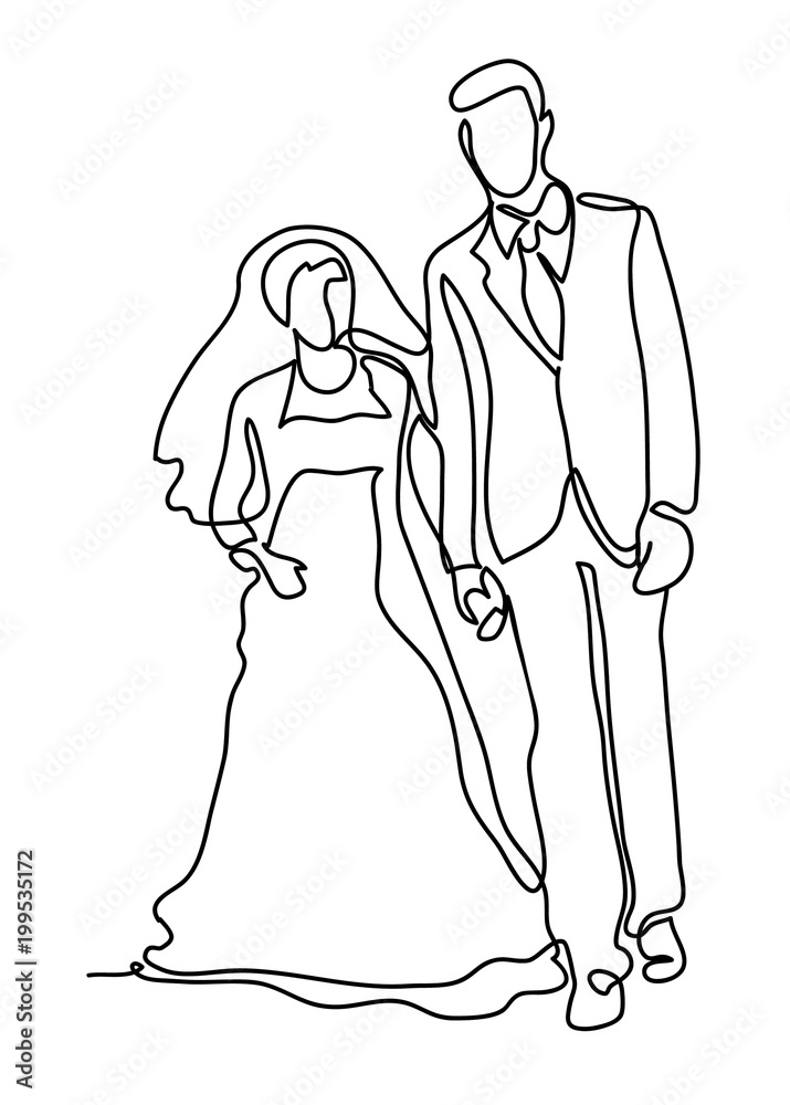 Married couple. Continuous line drawing. Isolated on the white ...