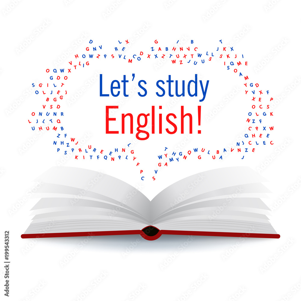 Let's study English! Vector illustration with book and tag with letters ... Let's study English! Vector illustration with book and tag with letters ...