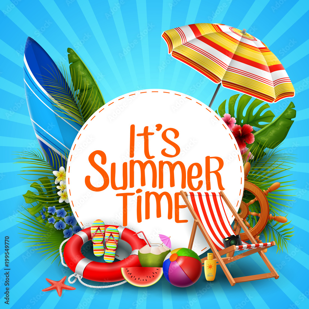 It's summer time banner design with white circle for text and beach ...