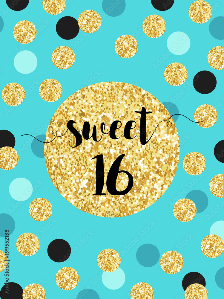 Cute festive bright sweet sixteen card with golden glitter confetti ...