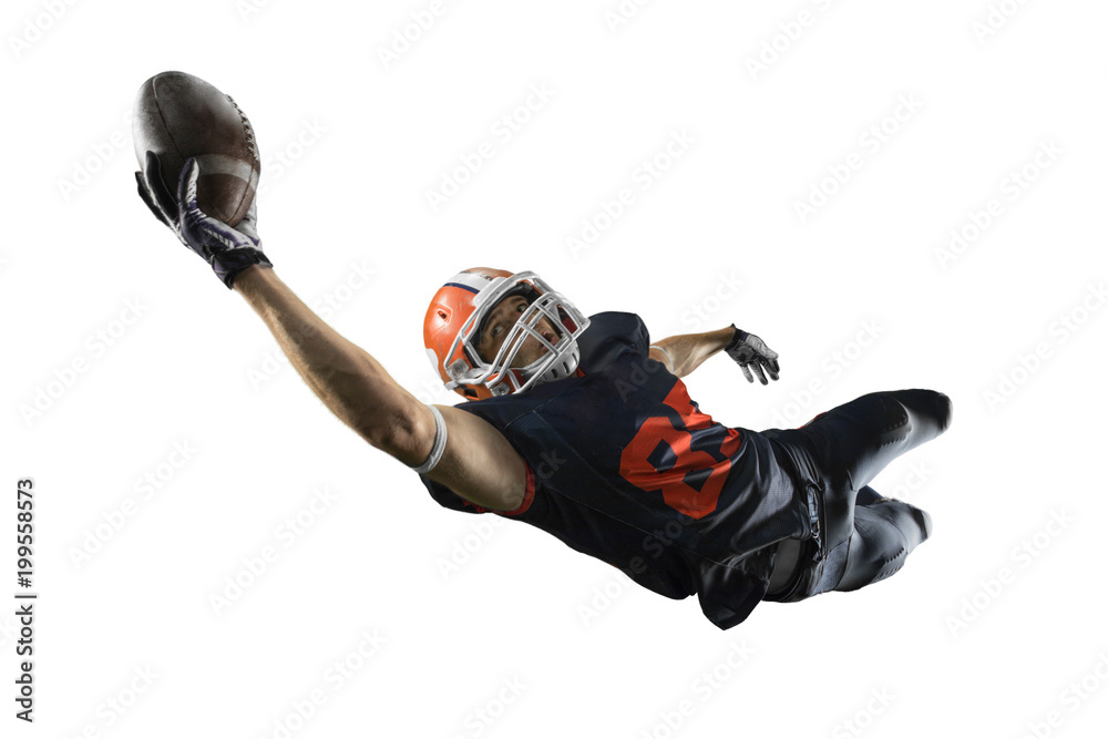 Isolated American football player catches the ball and fly in white ...
