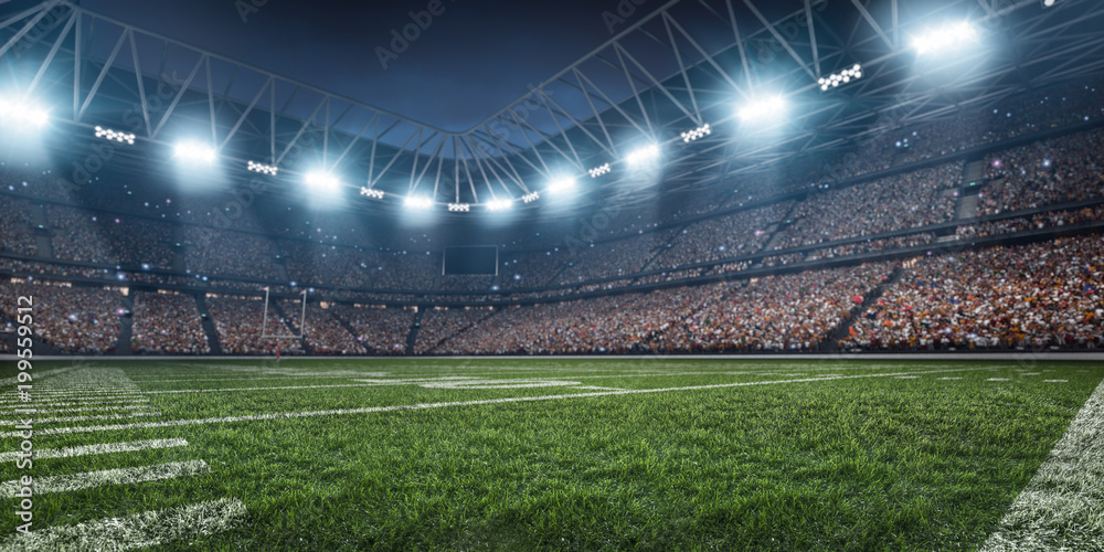 Dramatic 3D professional American football arena with green grass and ...