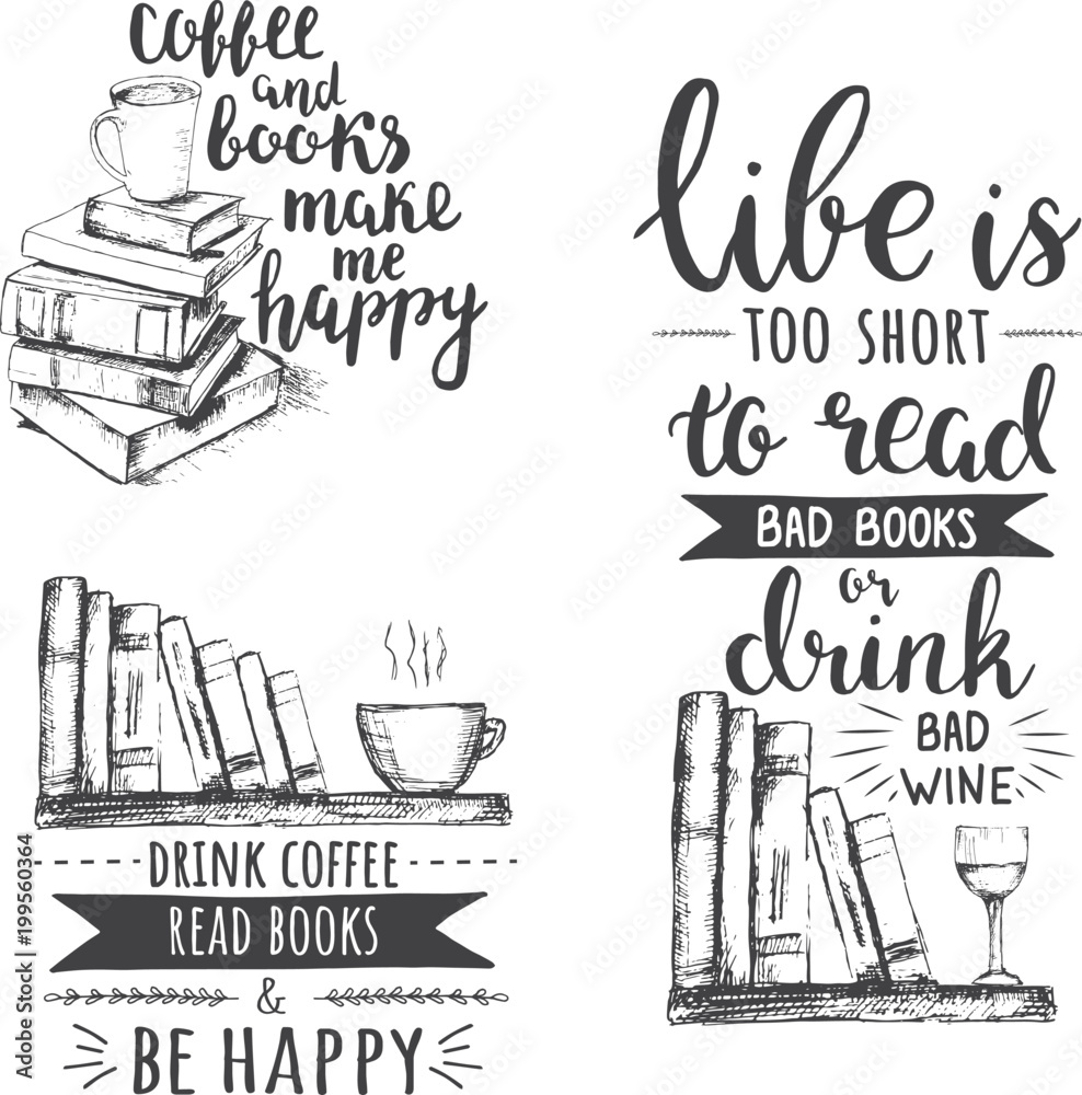 Set of lettering about coffee, books. Hand drawn posters Stock Vector ...