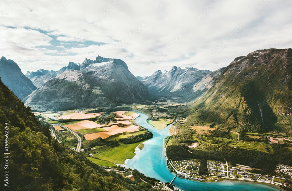 Landscape Mountains valley and river in Norway Travel scenery ...