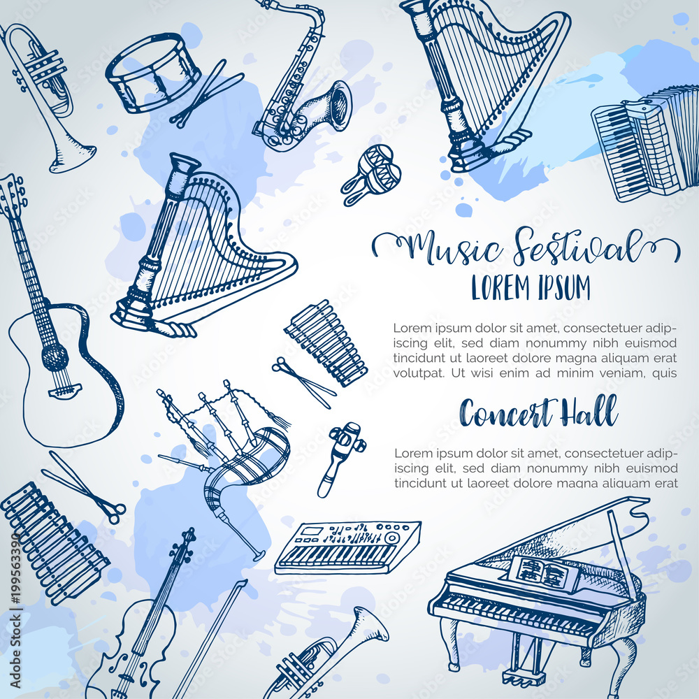 Music festival background Concert Hall flyer design. Hand drawn drum ...