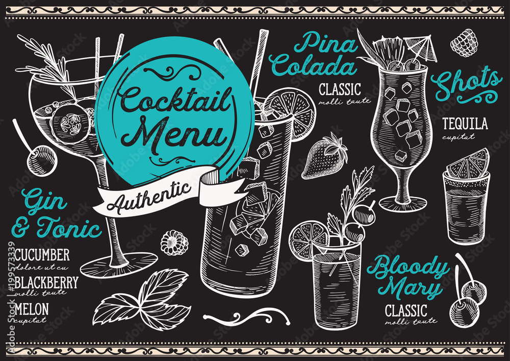 Cocktail bar menu. Vector drinks flyer for restaurant and cafe. Design ...