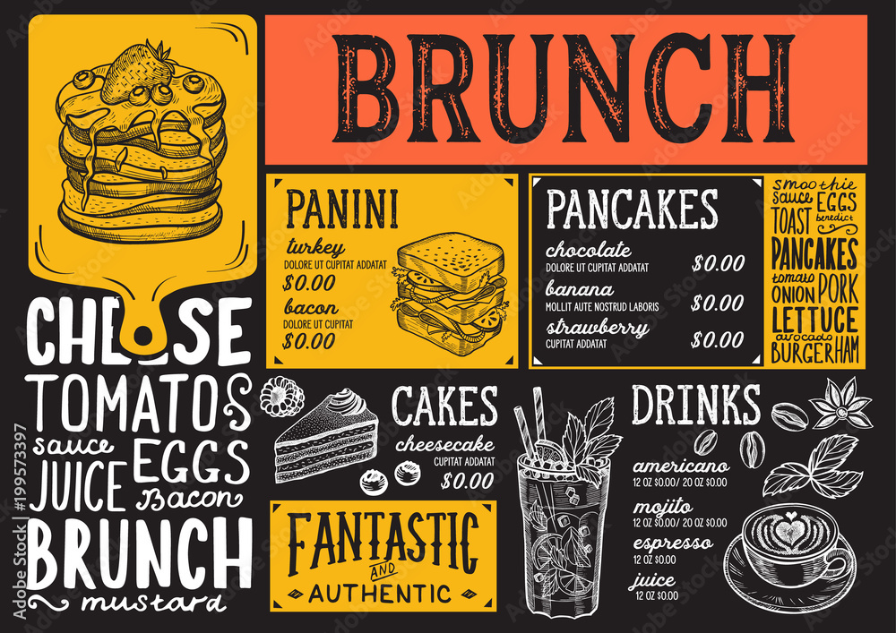 Brunch restaurant menu. Vector food flyer for bar and cafe. Design ...