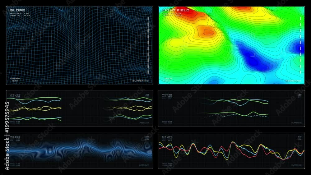 Multi-panel visual display: elevation map, animated line graphs ...