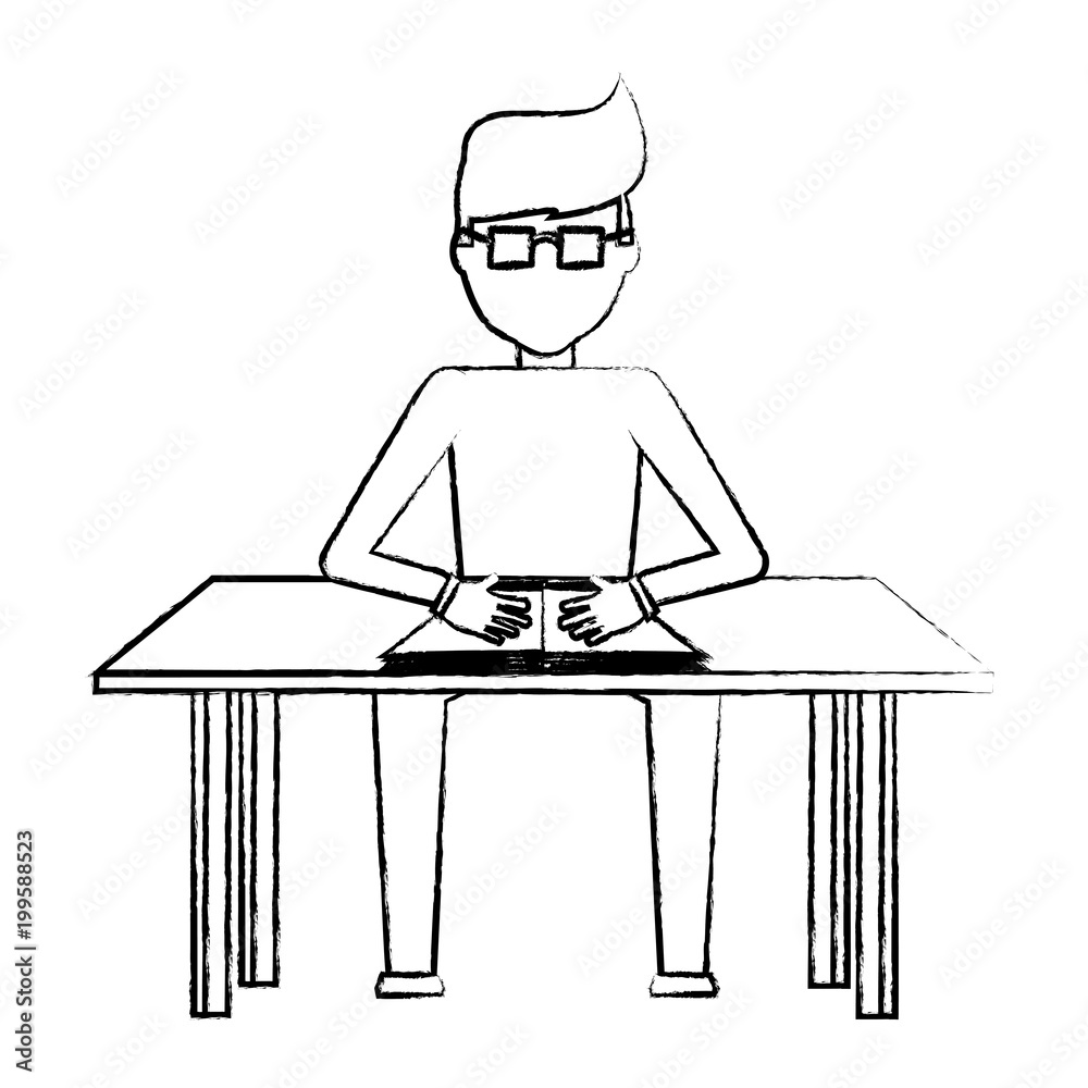 sketch of avatar man studying and sitting at desk over white background ...